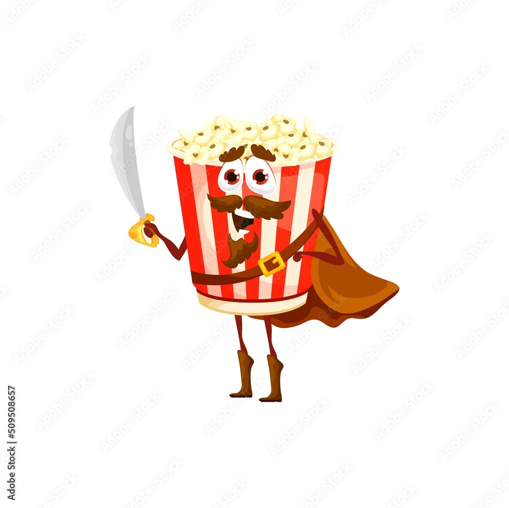 Cartoon popcorn bucket pirate character. Happy vector smiling pop corn ...