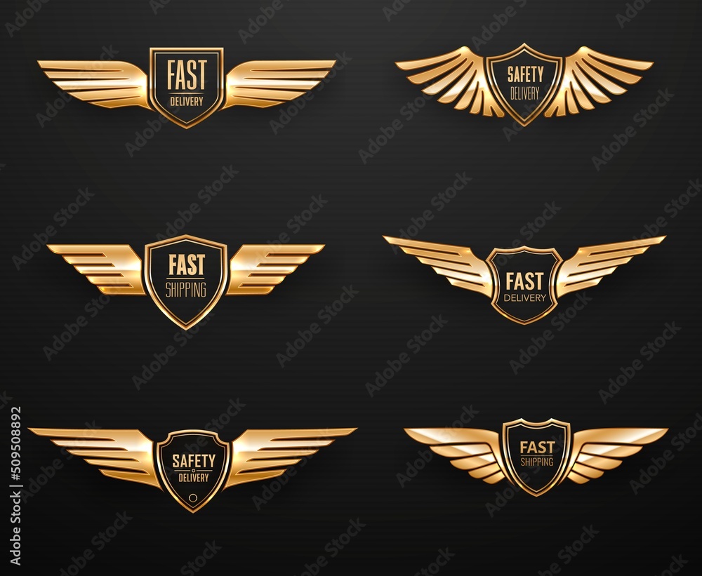 Fast shipping and safety delivery golden eagle wings, vector heraldic ...