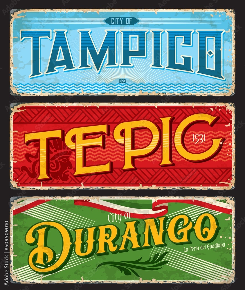 Tampico, Tepic, Durango Mexican city travel stickers and plates, vector ...
