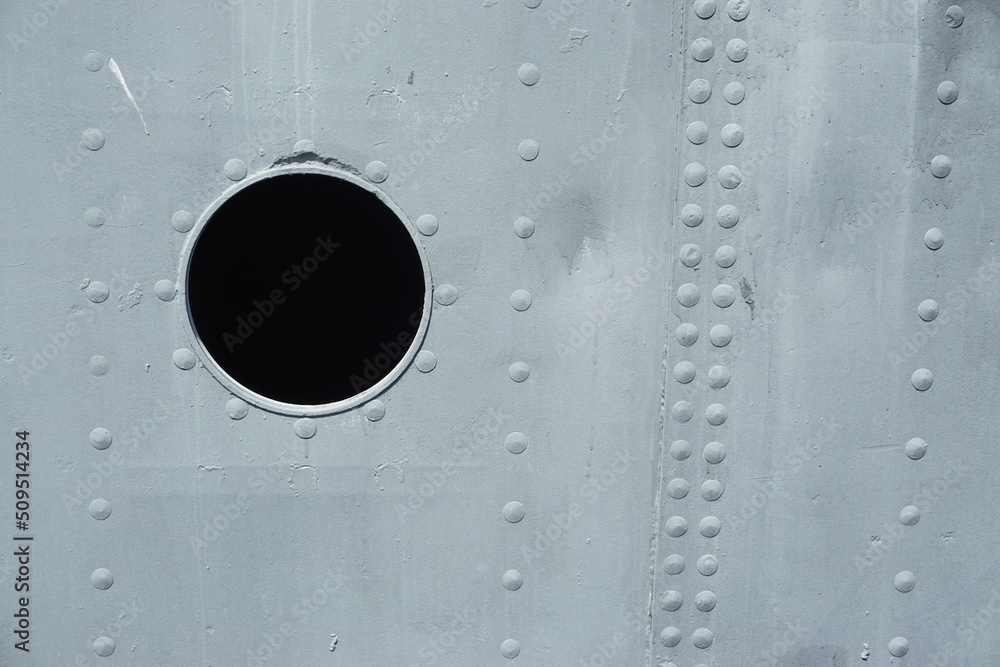 Old metal warship showing details and metal working techniques in ship ...