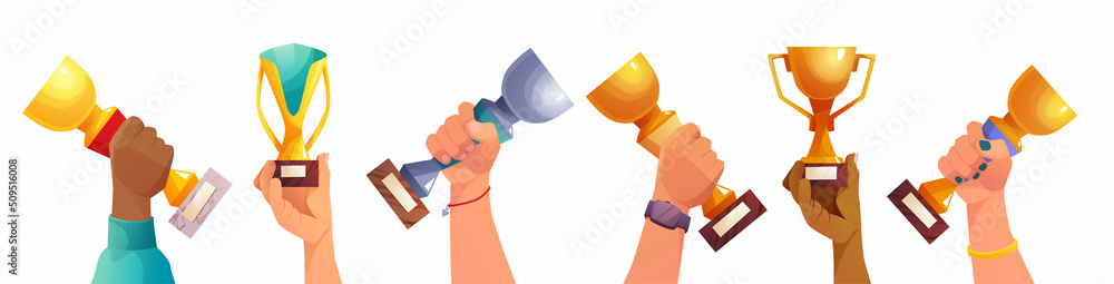 Winner multiethnic hands holding a goblet in hand, idea of achievement ...