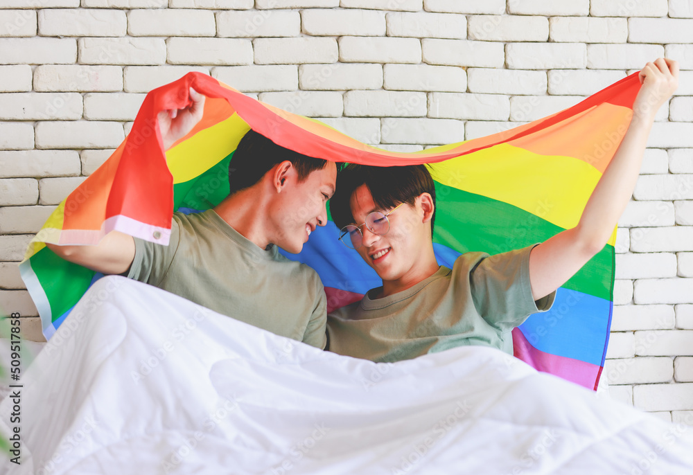 Two Asian Cheerful Lovely Pride Male Gay Men Lover Couple Partner