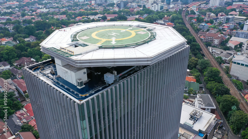 Jakarta, Indonesia, May 20, 2022. Aerial view of helipad. Helicopter ...