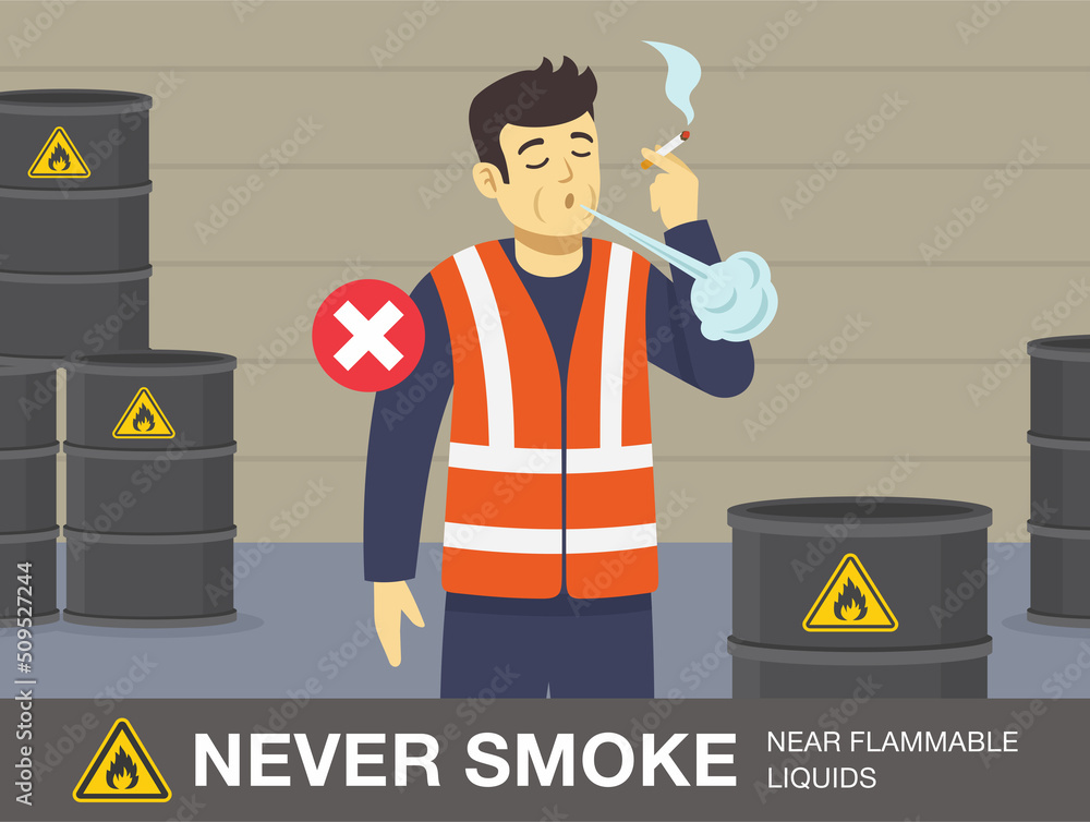 Fire safety activity. Never smoke near flammable liquids warning design ...