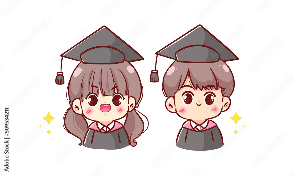 Happy cute kid girl kawaii children in graduation gown and cap at ...