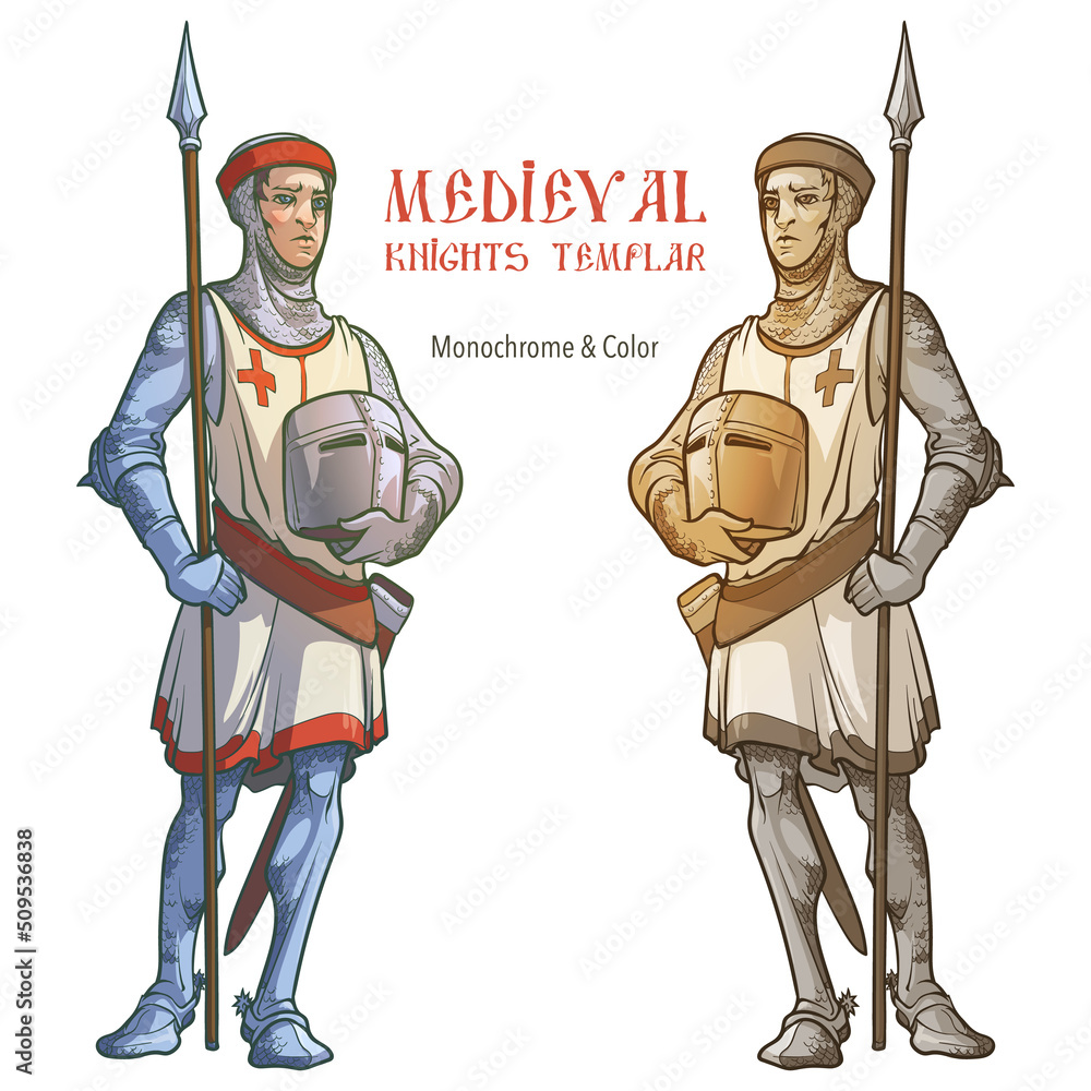 Medieval Templar knight. Infantry outfit with a chain-mail armor short ...