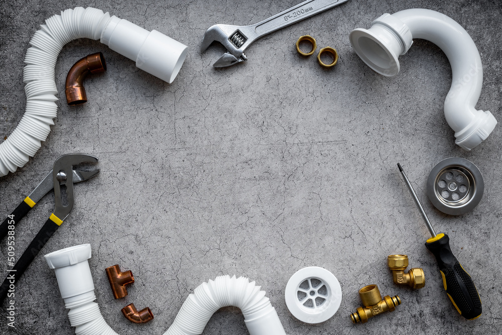 Plumbing work background frame. Plumbing pipes and tools Stock Photo ...
