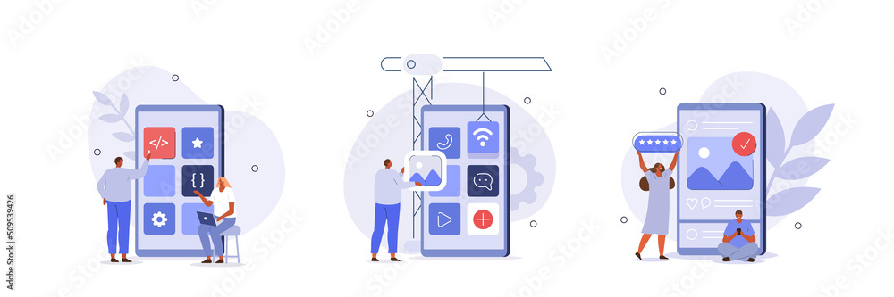 Mobile design and development illustration set. Developers prototyping ... Mobile design and development illustration set. Developers prototyping ...