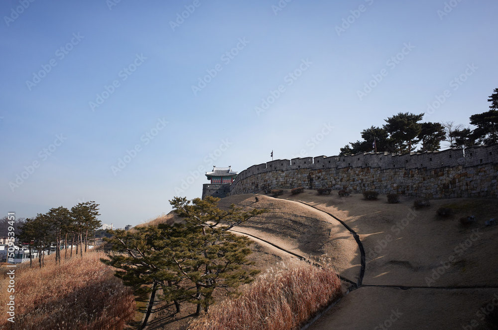 Suwon Hwaseong Fortress is a castle in the Joseon Dynasty. Stock Photo ...