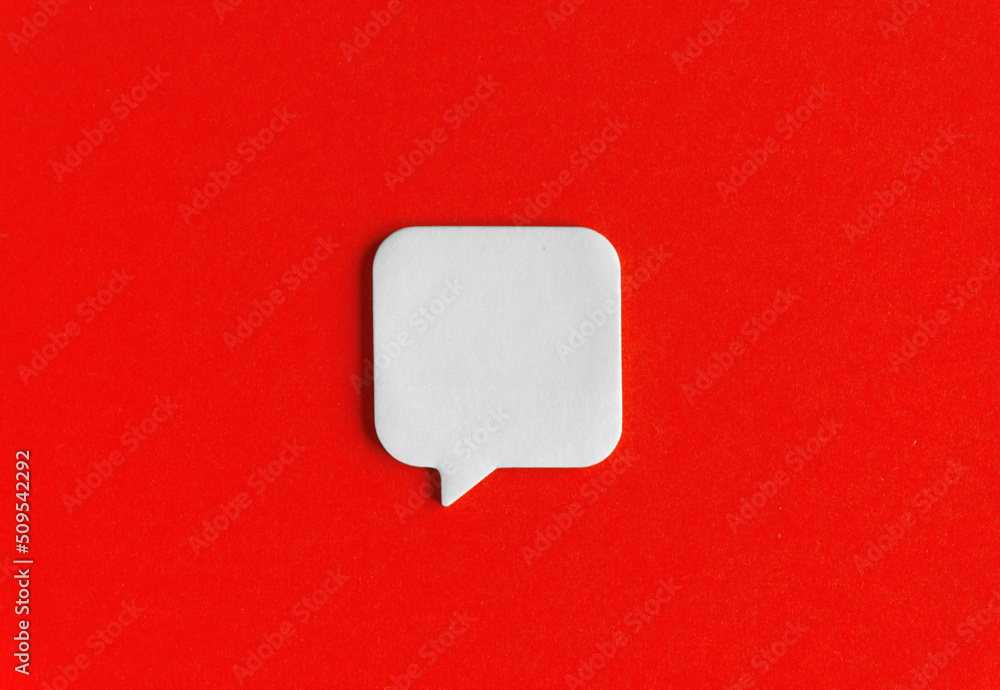 White blank sticker on red paper background. Back to school, stationery ...