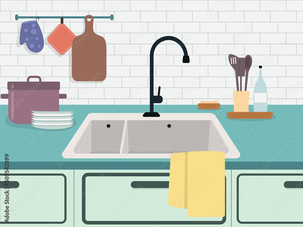 Vector illustration of a beautiful kitchen. Cartoon interior with sink ...