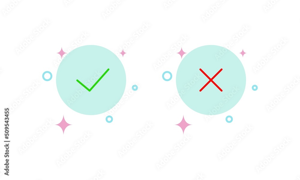 Approve and Reject line icon in red and green color. Creative cross and ...
