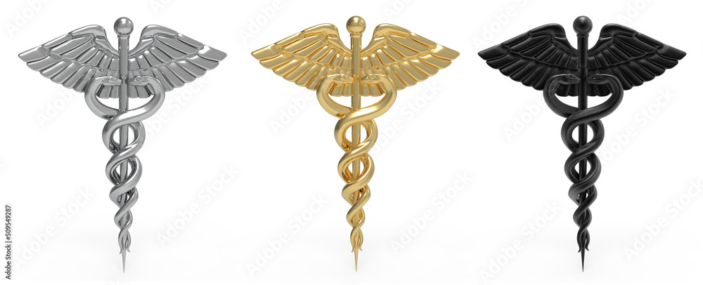 Caduceus - silver, gold, dark metal medical symbol, 3d render Stock ...