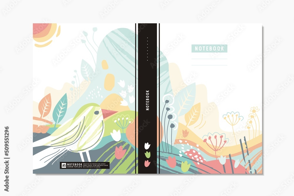 Notebook cover design with colorful landscape and bird. Vector template ...