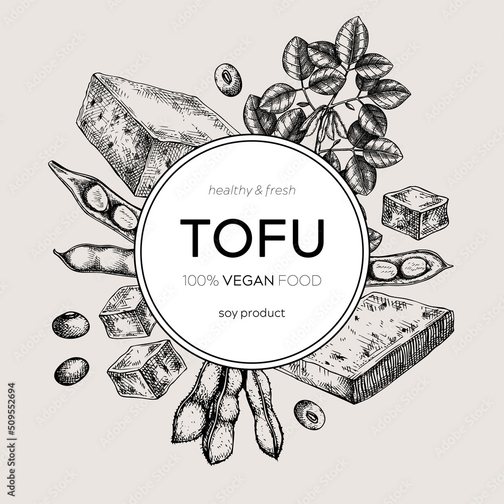 Tofu wreath design in vintage style. Sketched vegan food illustration ...