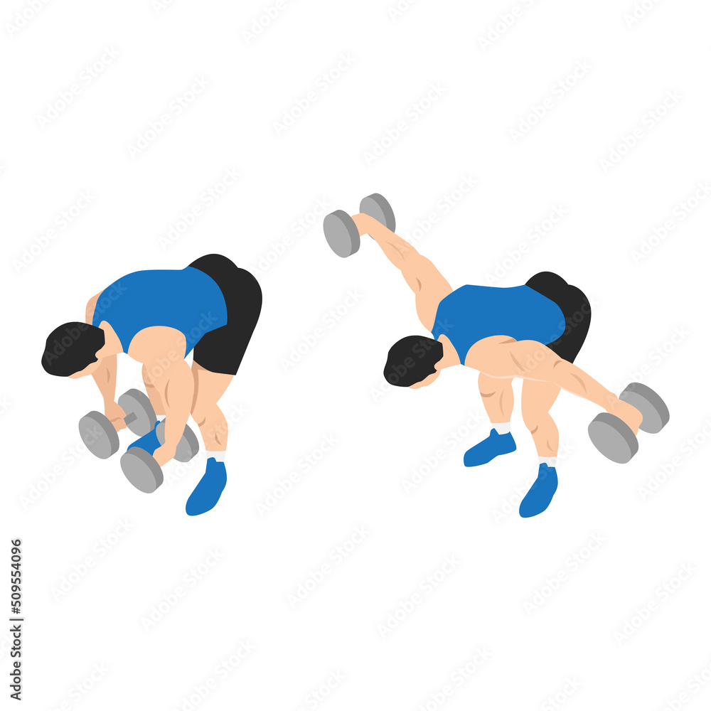 Man doing Dumbbell bent over lateral raise top view. Flyes exercise ...