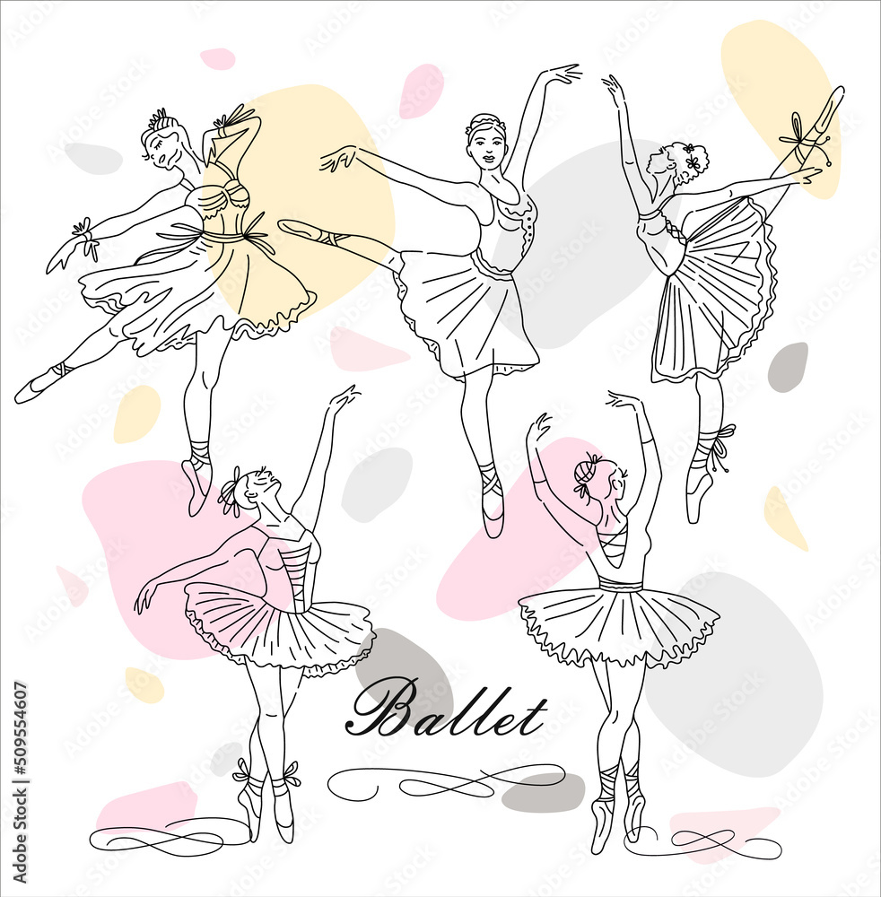 Women ballet dancer set of continuous line drawing in pink color ...