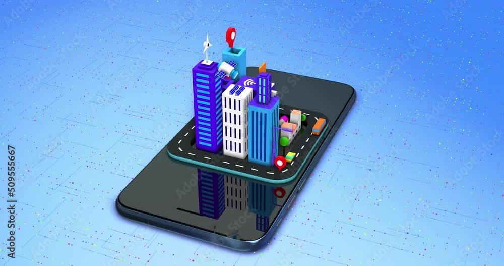 Isometric 3D City Animation On Smart Phone. Futuristic Smart City. Loop ...