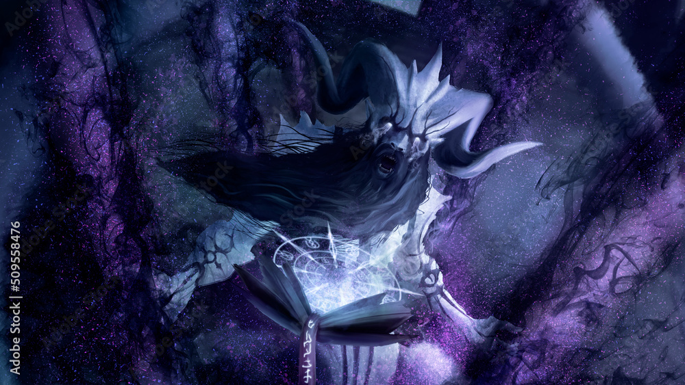 A dark Jinn in close-up with a black, long beard and a smoky tail casts ...