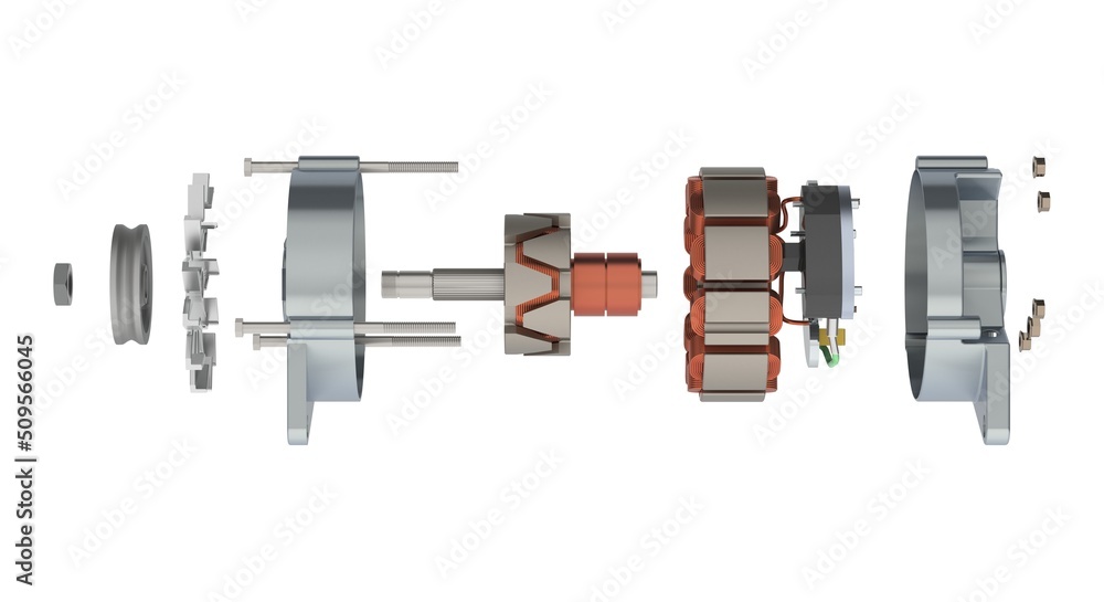 Car alternator exploded view isolated on white background, 3D ...