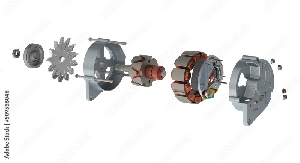 Car alternator exploded view isolated on white background, 3D ...