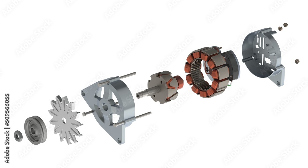 Car alternator exploded view isolated on white background, 3D ...