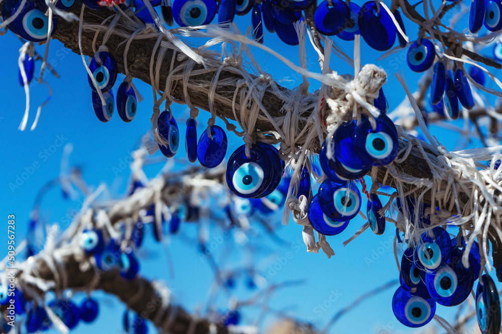Amulets from the evil eye blue glass eyes on the branches of a tree in ...