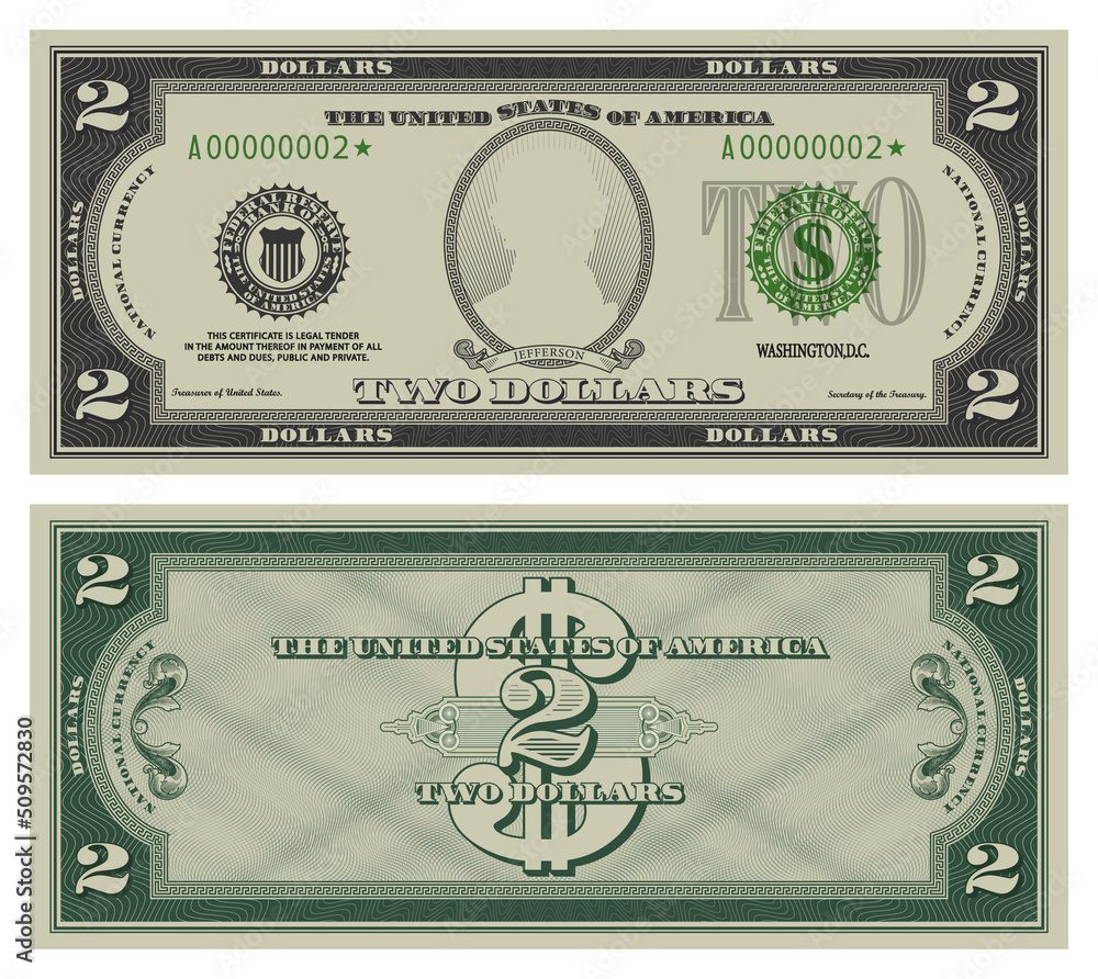 Two dollars banknote. Gray obverse and green reverse fictional US paper ...