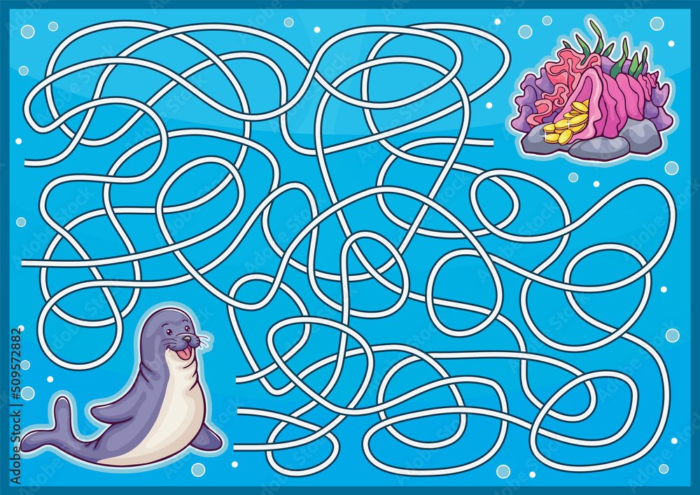 Marine maze game with cute cartoon seal. Kids labyrinth with road to ...