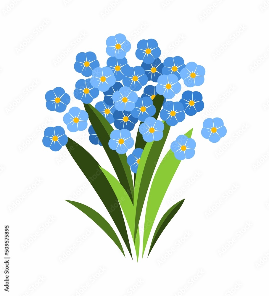 Bouquet of tender forget-me-nots in flat illustration style. Small blue ...