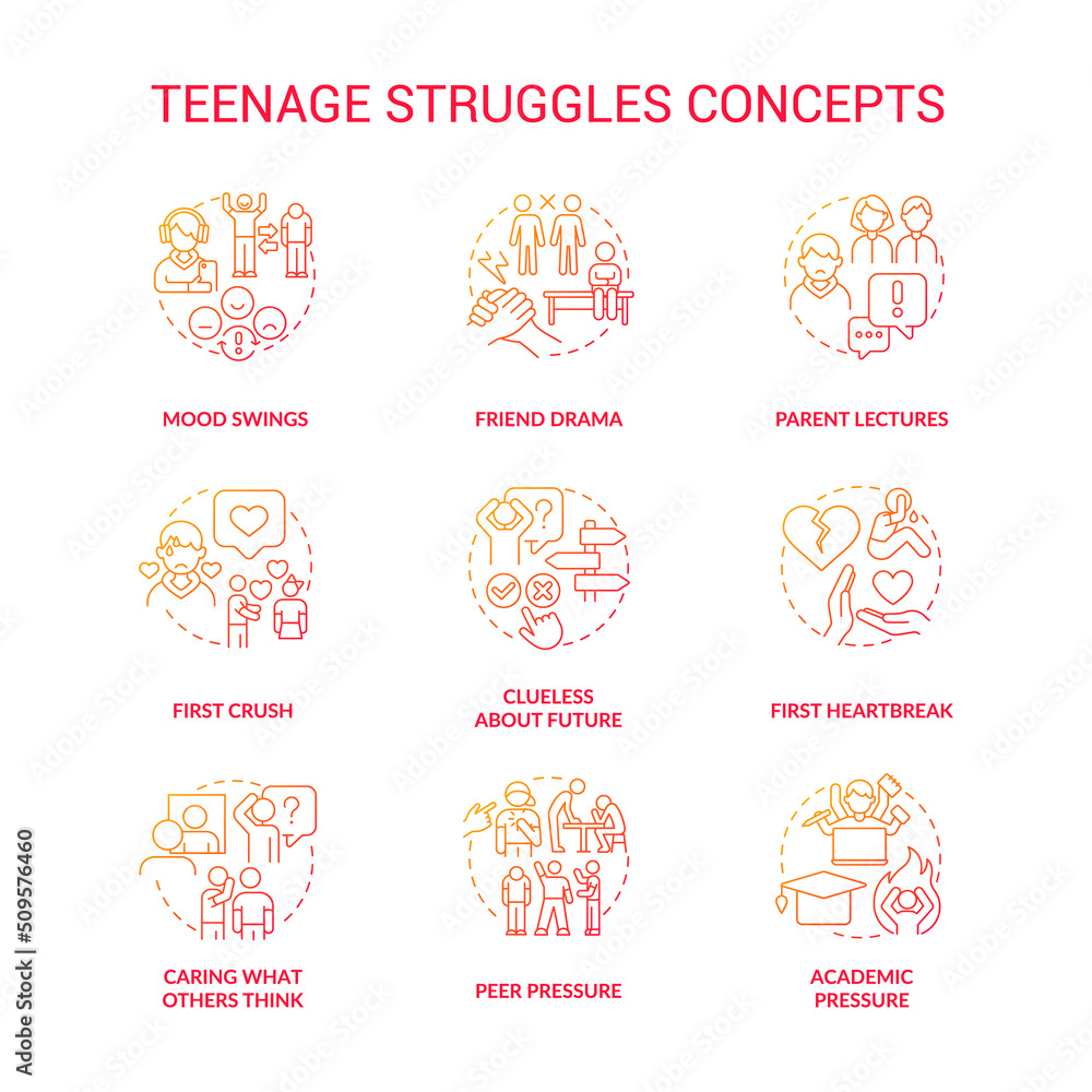 Teenage struggles red gradient concept icons set. Major problems facing ...
