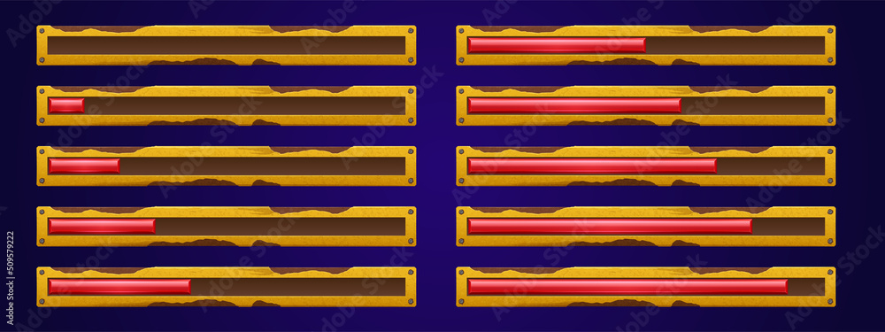 Game progress bars, load slider with metal frame with rust and peeling ...