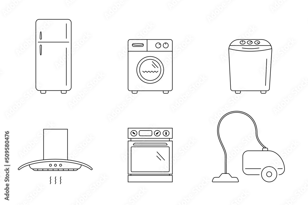 Illustration of Home appliances. Black and white line vector of ...