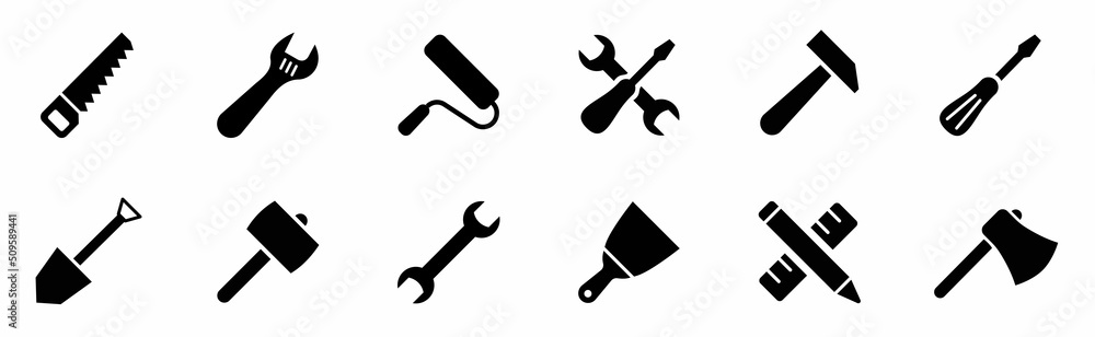 Tool icon set.Hammer turnscrew tools icon.Instrument collection. Vector ...