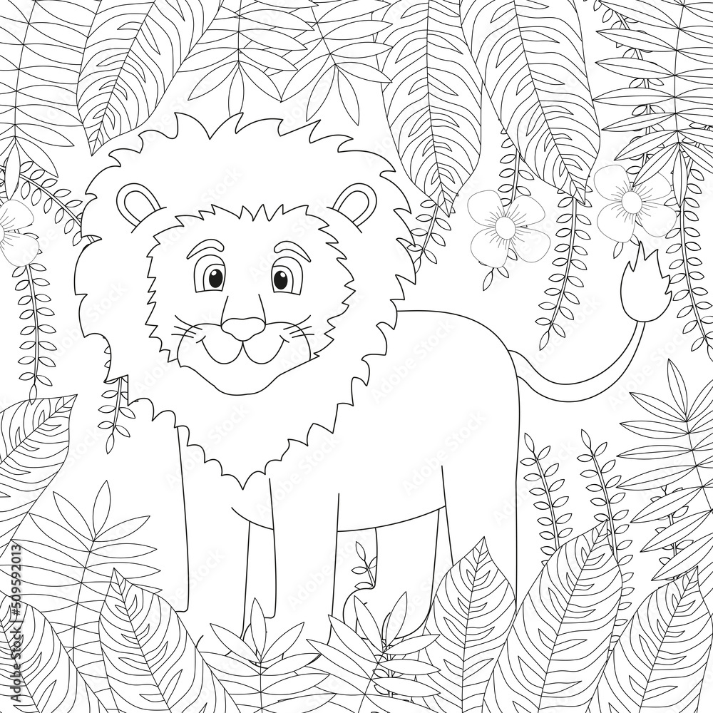 Coloring book page for kids with the lion in the jungle. Cute animal ...