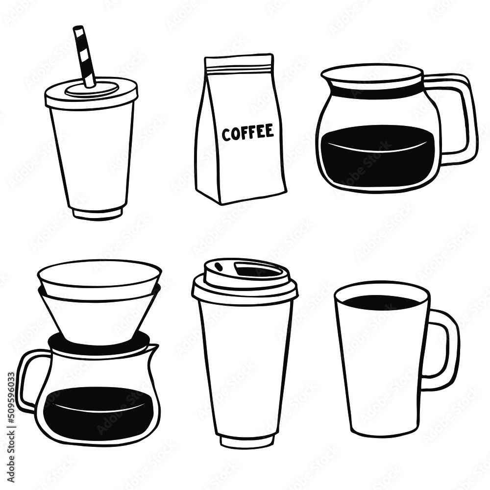 Hand drawn set of coffee icons. Doodle vector illustration. Stock ...