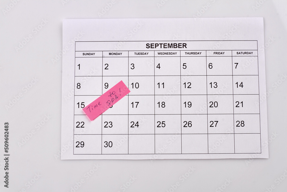 Time to spa. Paper september month calendar top view. Isolated on white ...