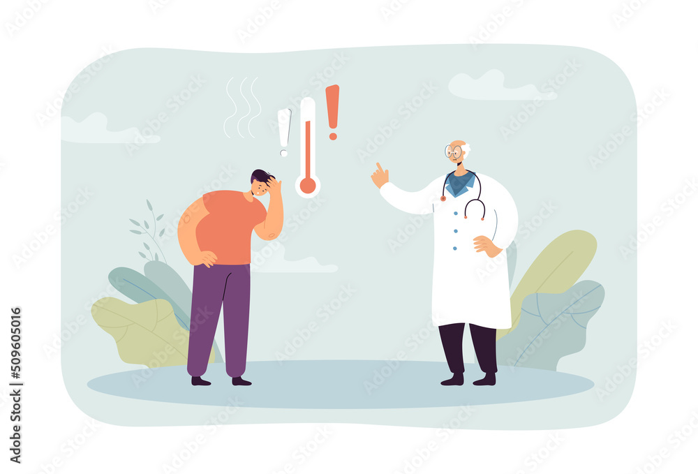 Cartoon doctor giving advice to patient with high temperature. Medical ...