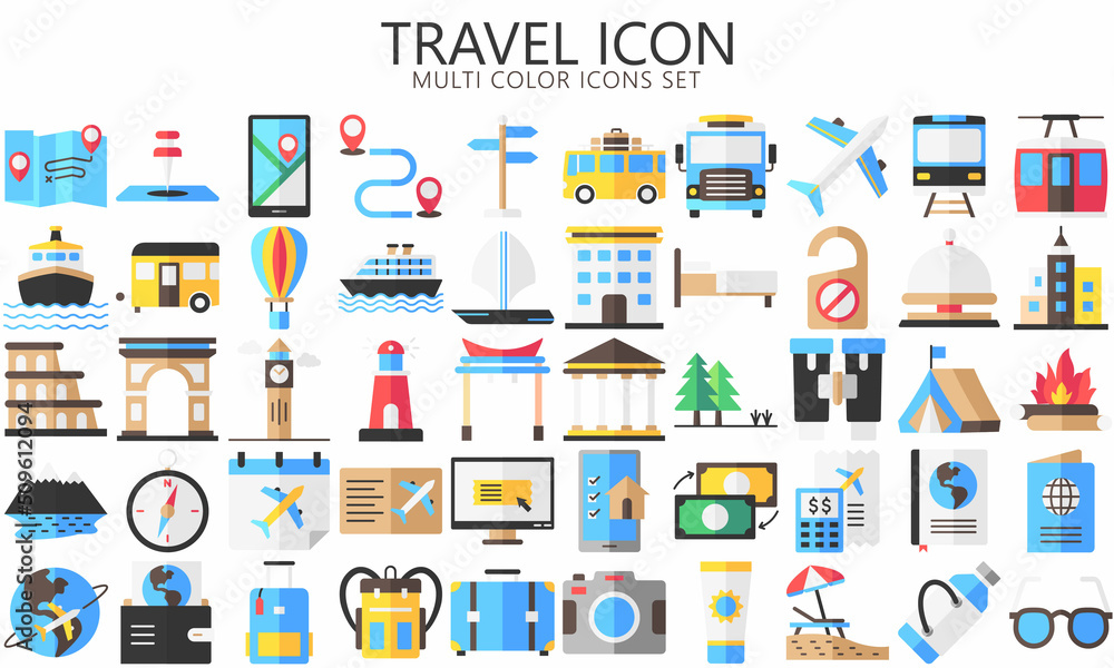 Tour and travel multi color icon set. Contains such Icons as World Map ...