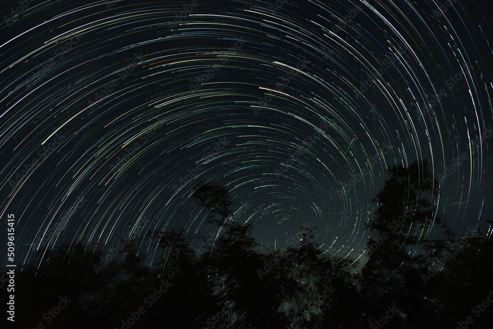 Vortex of Star Trails round the pole star behind the trees in Mayong ...