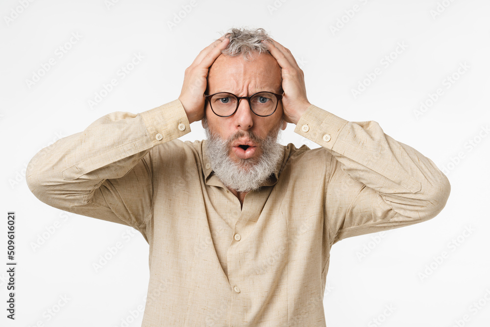 Scared shocked sad caucasian mature middle-aged man freelancer in ...