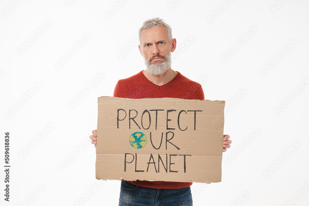 Sad angry disappointed caucasian mature middle-aged male eco-activist ...