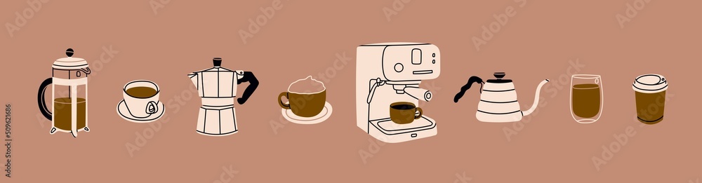 Isolated Coffee icons set. French press, coffee machine, mug, cup, milk pitcher, kettle ...