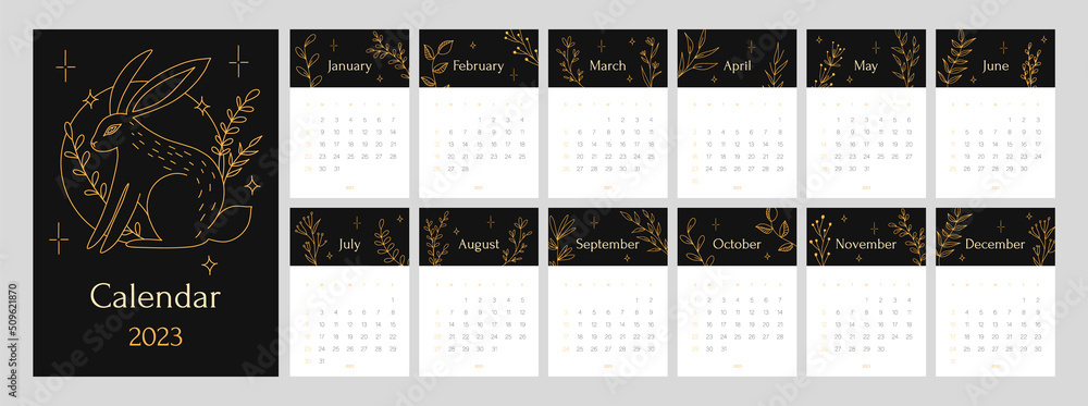 Calendar template for 2023. Vertical design with black rabbit for the ...