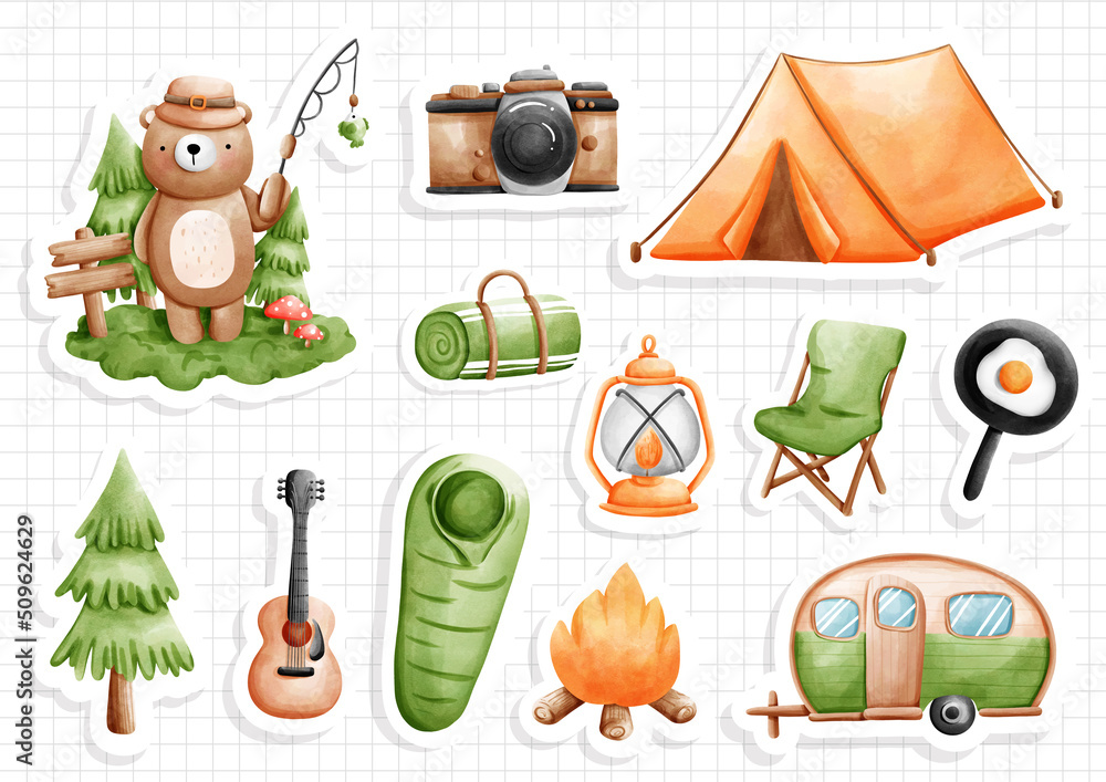 camping gear sticker, camping time sticker sheet. Vector illustration ...