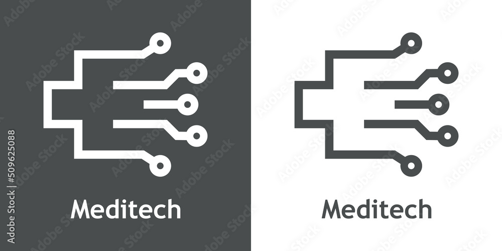 Tecnología de la salud. Logotipo con texto Meditech con cruz con forma ...