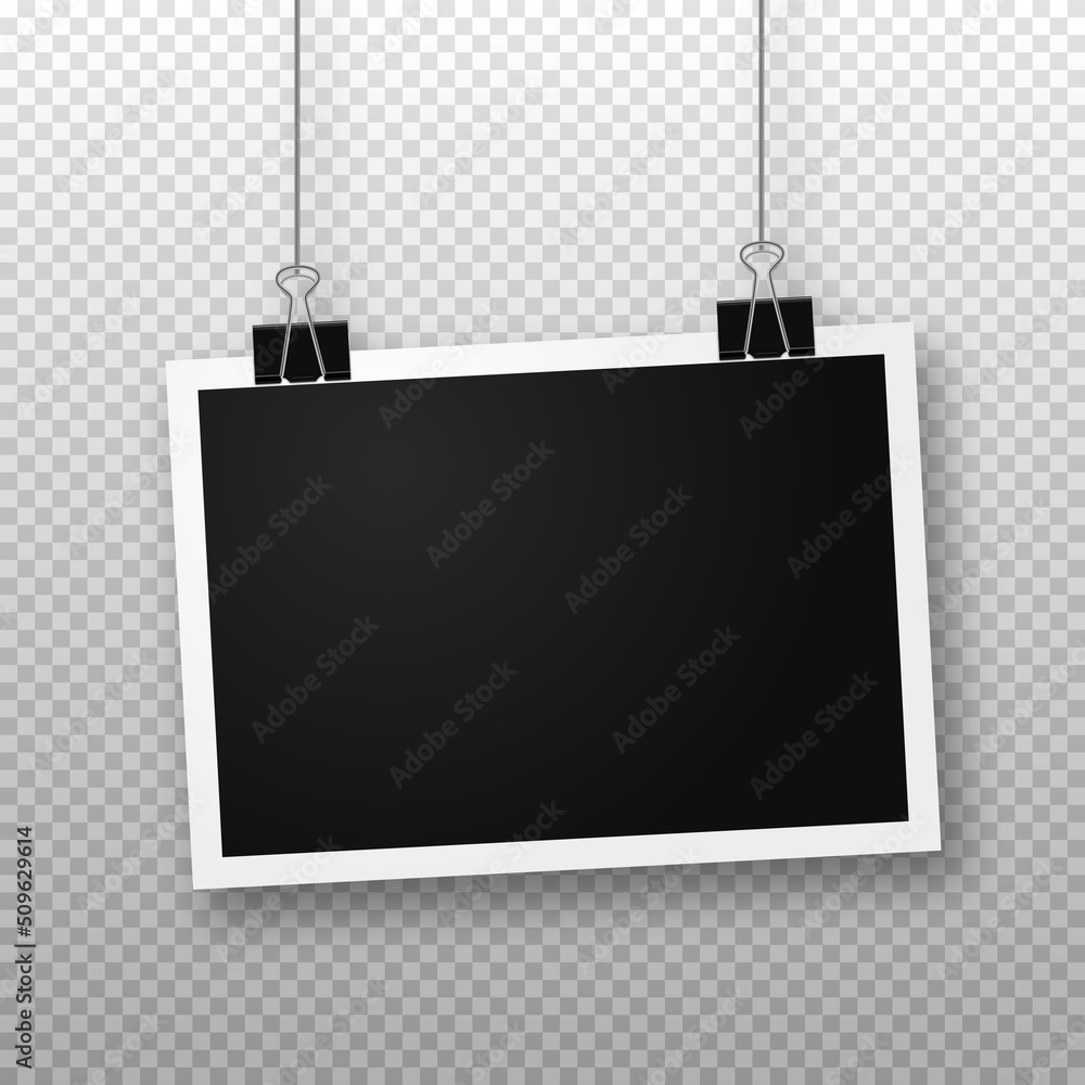 Realistic vector photo frame png. Photo frame for your design. Hanging photo frame on an ...