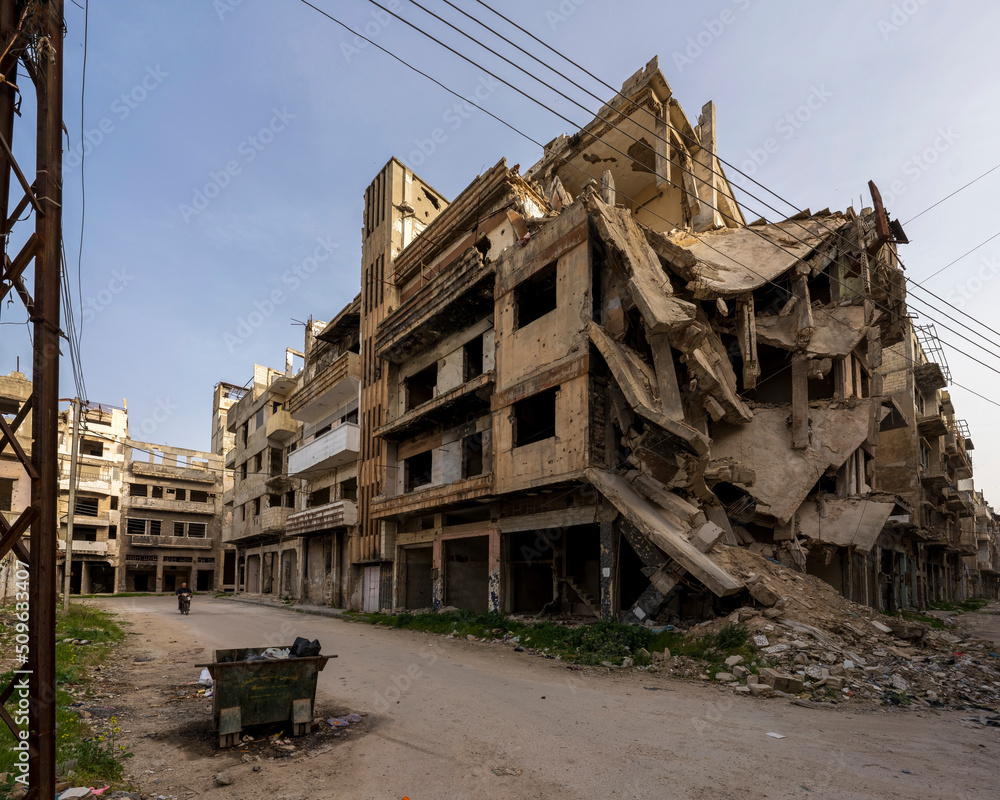 Civil war ruins of Homs, Syria. Homs is the most devastated large city ...