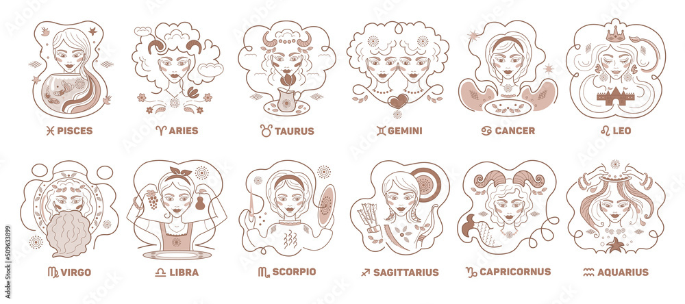 Gold zodiac signs women constellations vector set Stock Vector | Adobe ...