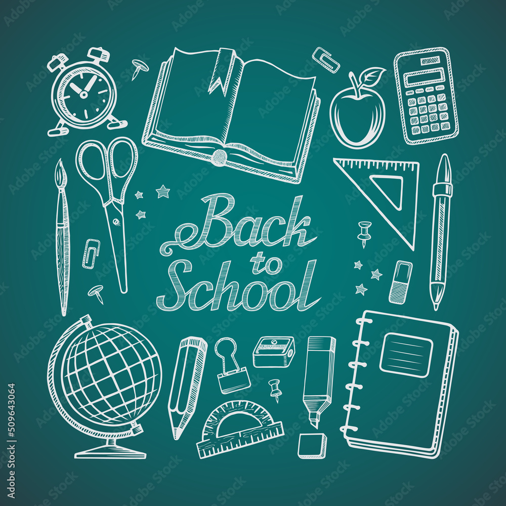 Back to school. Hand drawn lettering with the set of doodle icons of ...